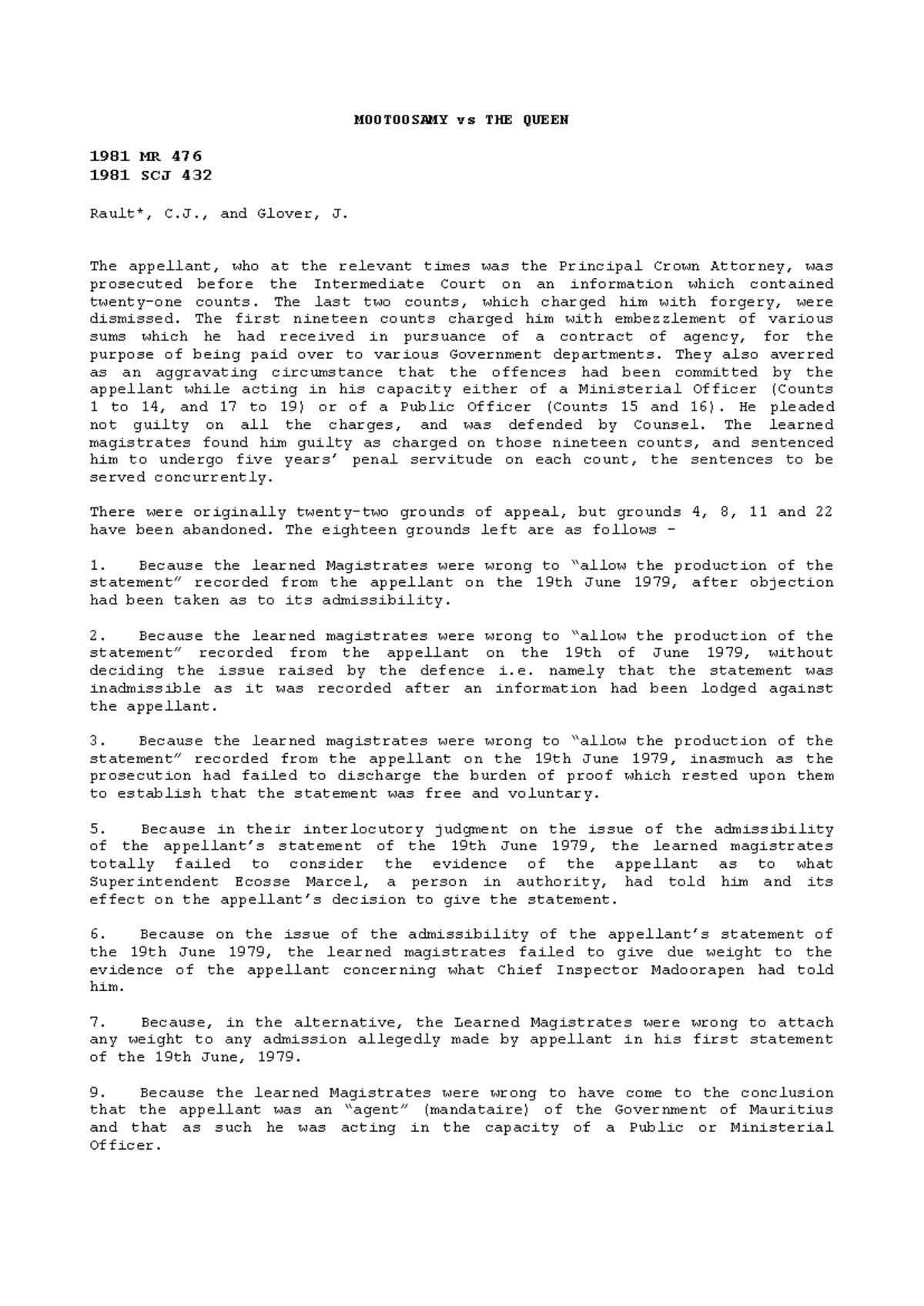 Mootoosamy v. Queen 1981 MR 476: Appeal Analysis & Court Judgment ...