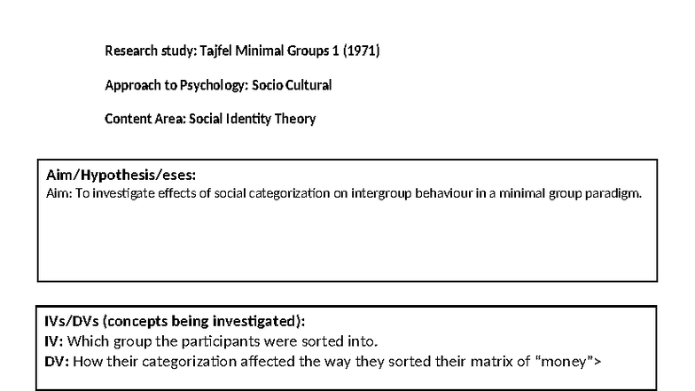 Tajfel ET AL Study: Minimal Groups & Social Identity Theory - Studocu