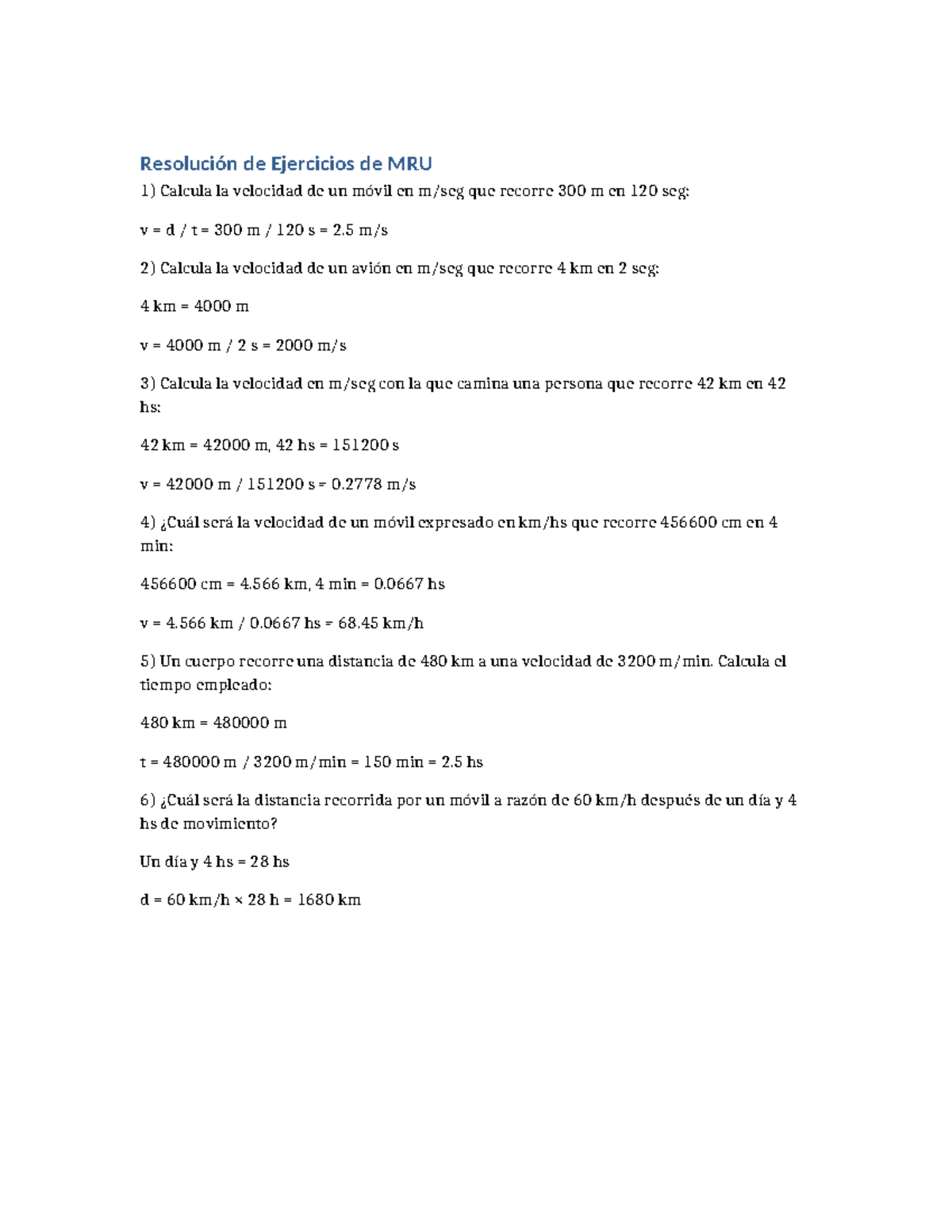 Ejercicios Resueltos de MRU - Física 101 - Studocu