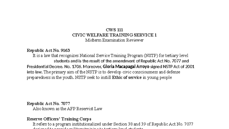 CWS CIVIC WELFARE TRAINING SERVICE 1 NSTP Midterm Exam Reviewer - Studocu