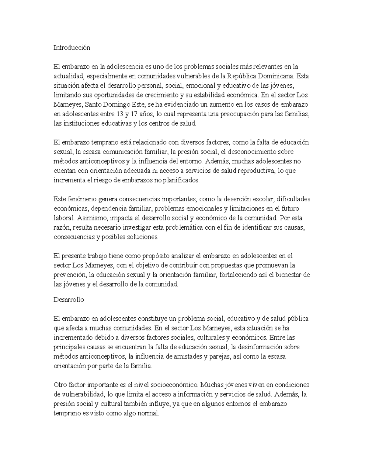 Embarazo Adolescente en Los Mameyes: Causas y Consecuencias - Studocu