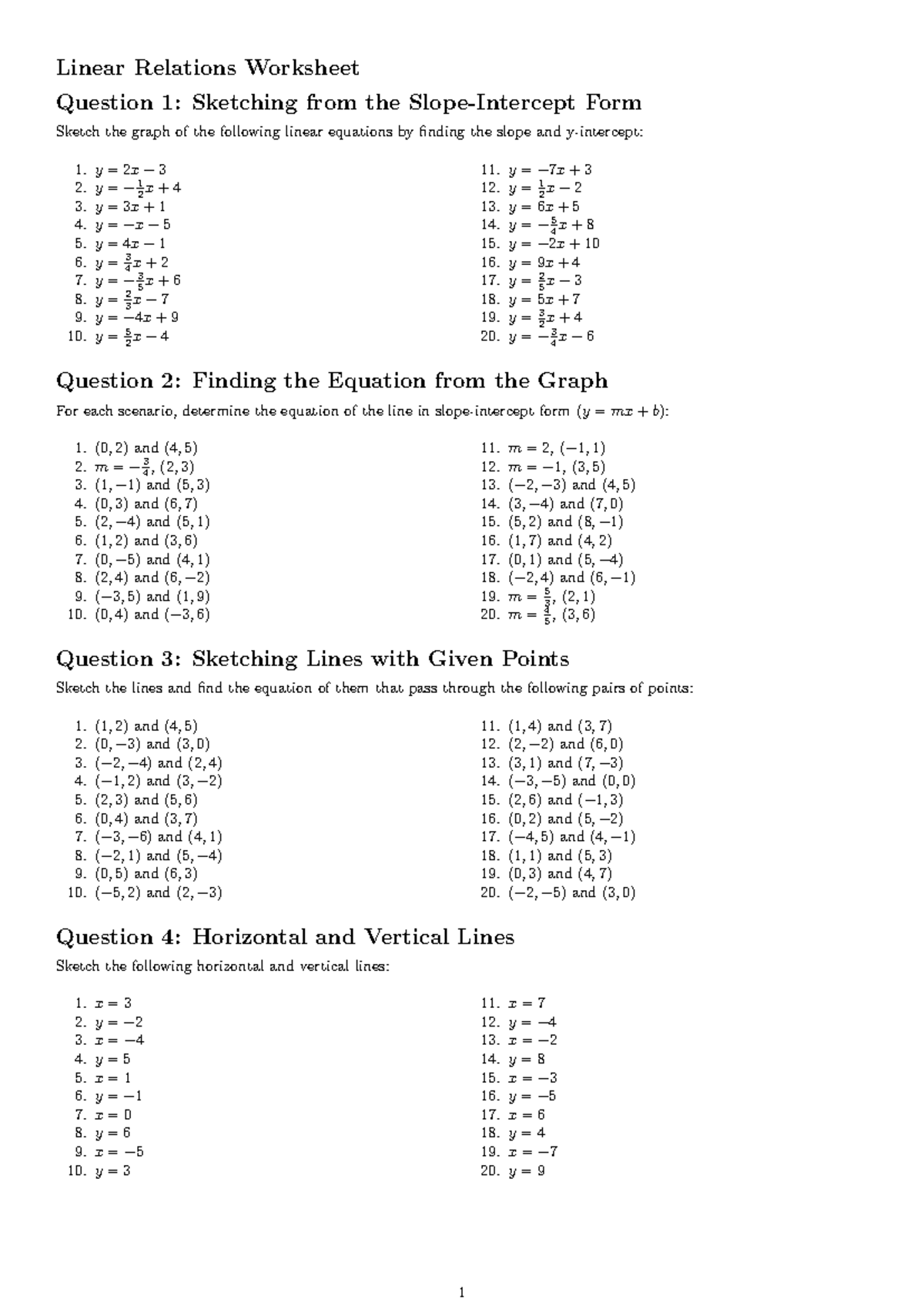 Linear Relations Worksheet: Graphs & Equations in Slope-Intercept Form ...