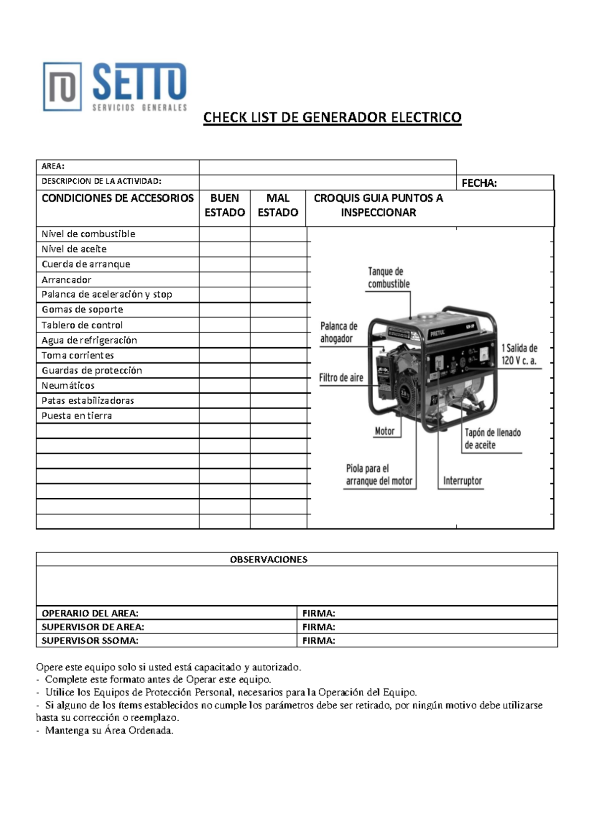 Check List Generador Eléctrico 2023 - Inspección y Operación - Studocu