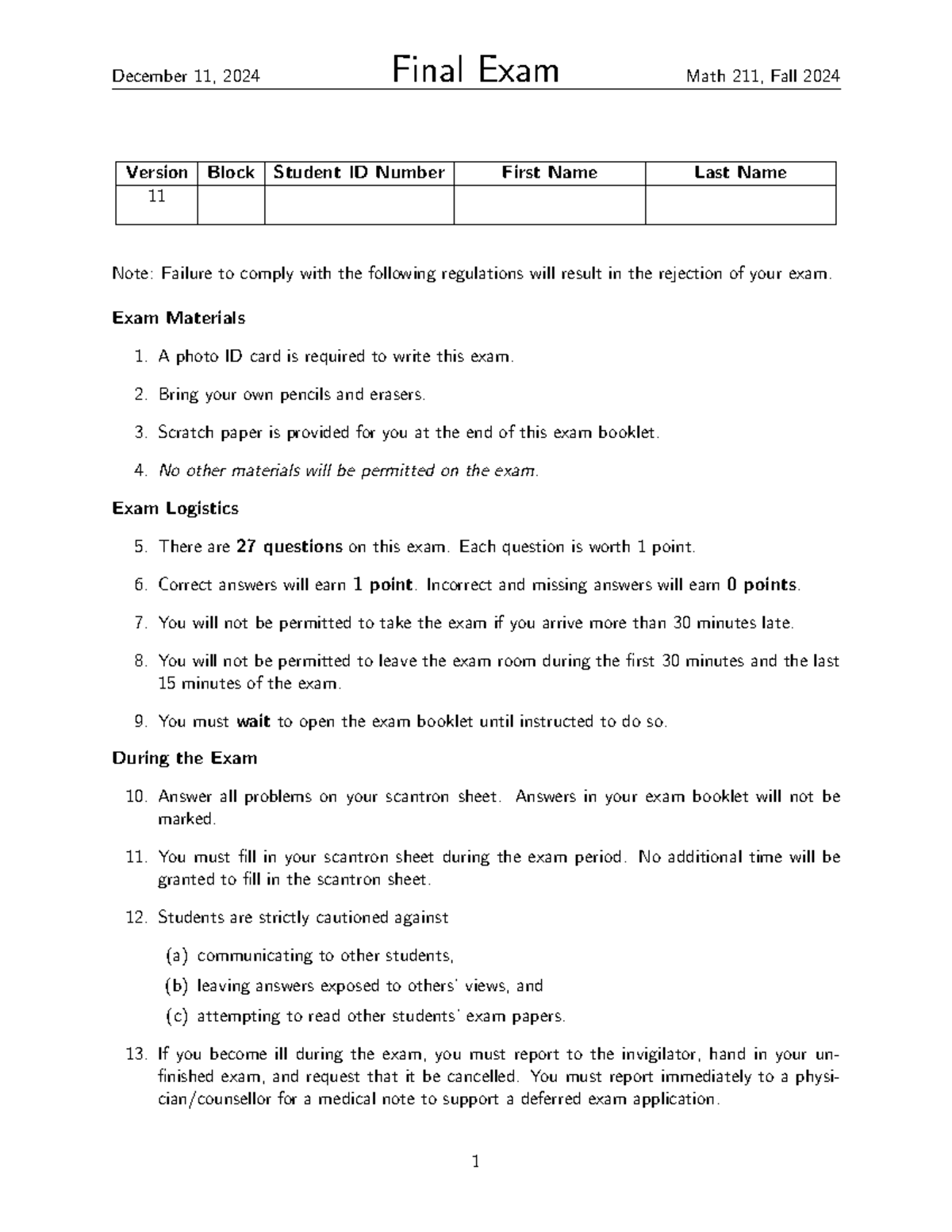 Math 211 Final Exam Guidelines and Sample Questions - Fall 2024 - Studocu