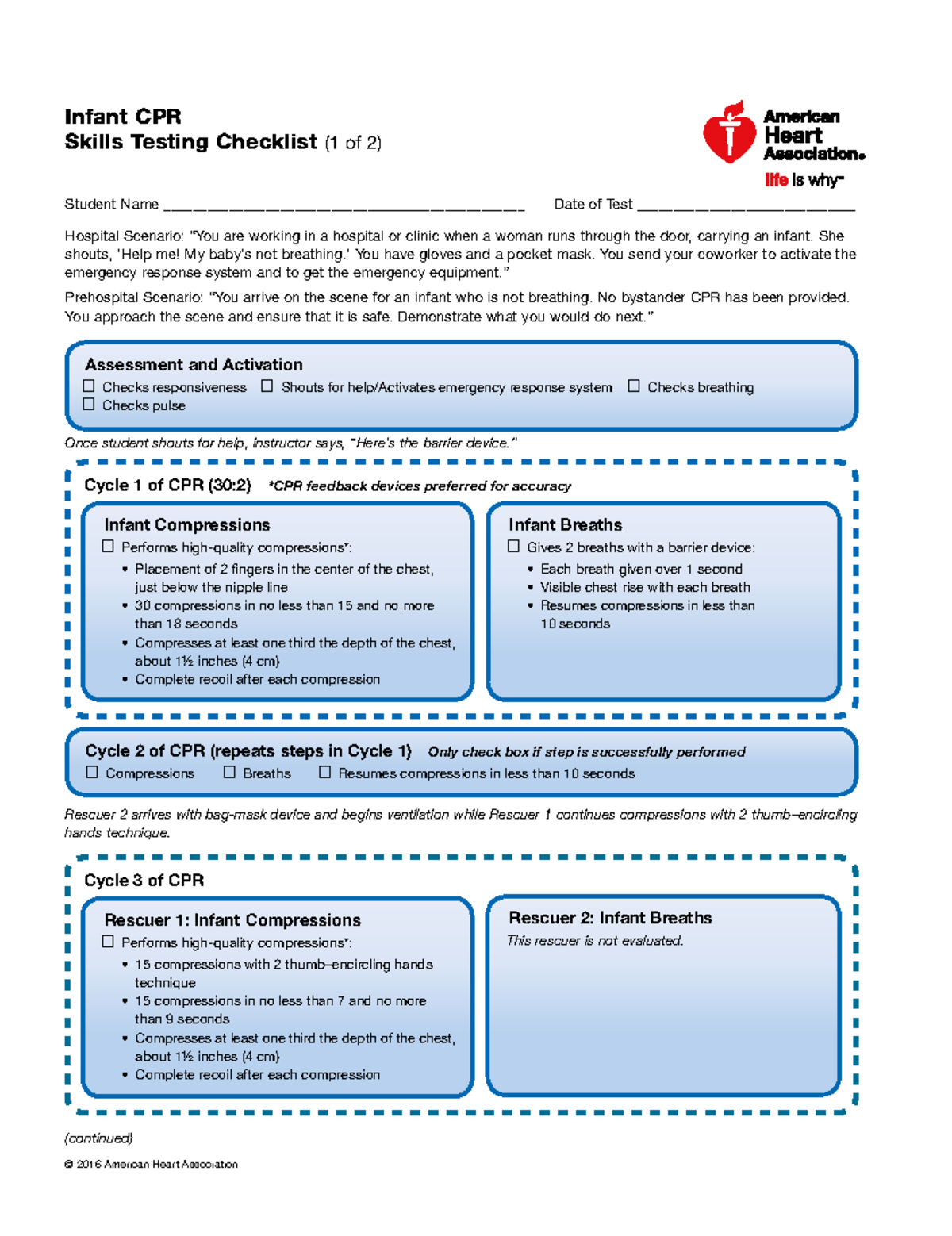 Infant CPR Skills Testing Checklist (Infant-CPR) - Studocu