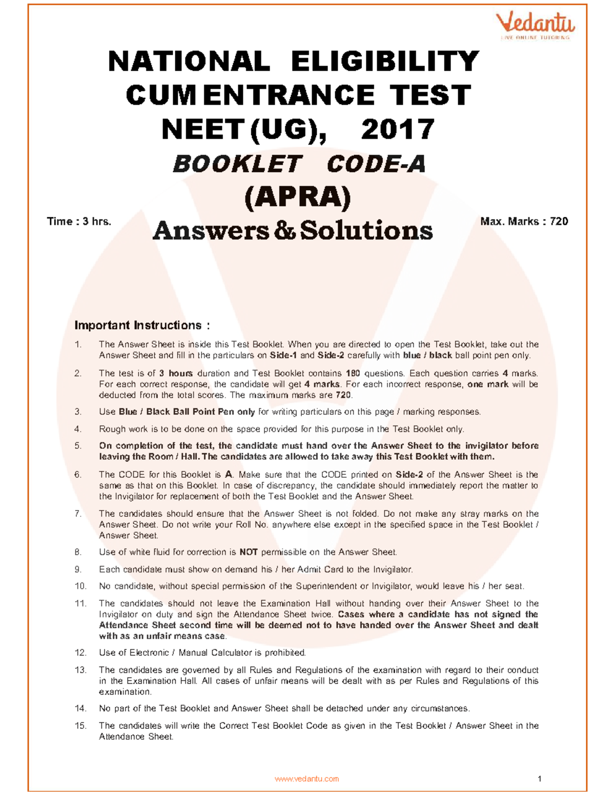 NEET (UG) 2017 Question Paper - Code A: Answers & Solutions - Studocu