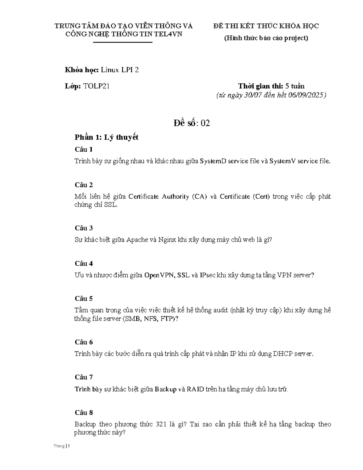 ĐỀ THI CUỐI KHÓA LPI2 TEL4VN - Đề số 02 và Hướng dẫn Thực hành - Studocu