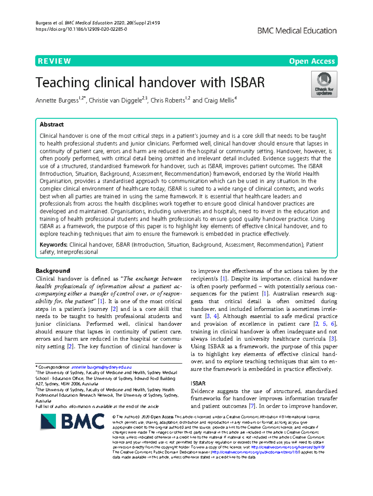 Clinical handover with Isbar - R E V I E W Open Access Teaching clinical handover with ISBAR ...