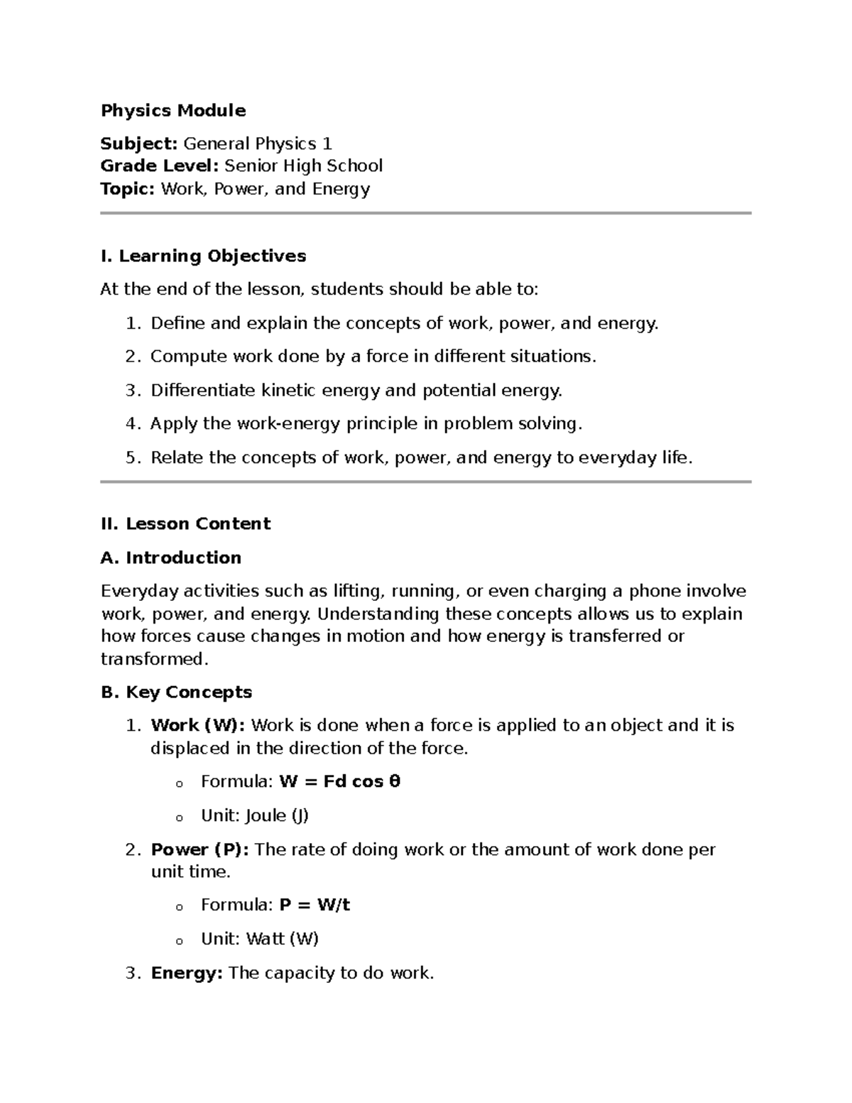General Physics 1: Work, Power, and Energy Lesson Notes - Studocu