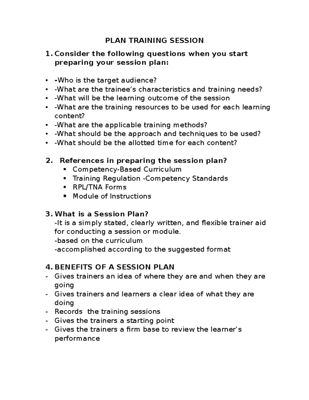 PLAN Training Session Guide and Review Tips - Studocu