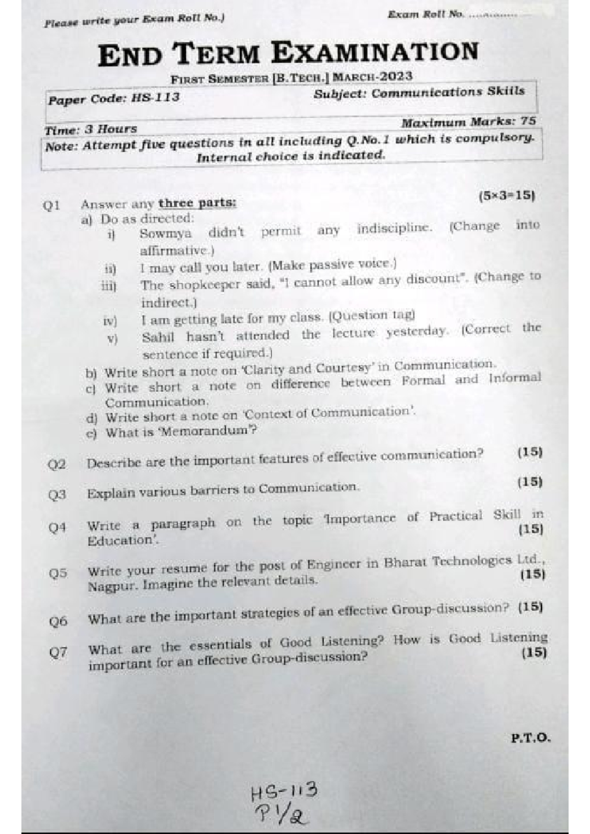 End sem communication skill - Please write your Exam Roll No.) Exam ...