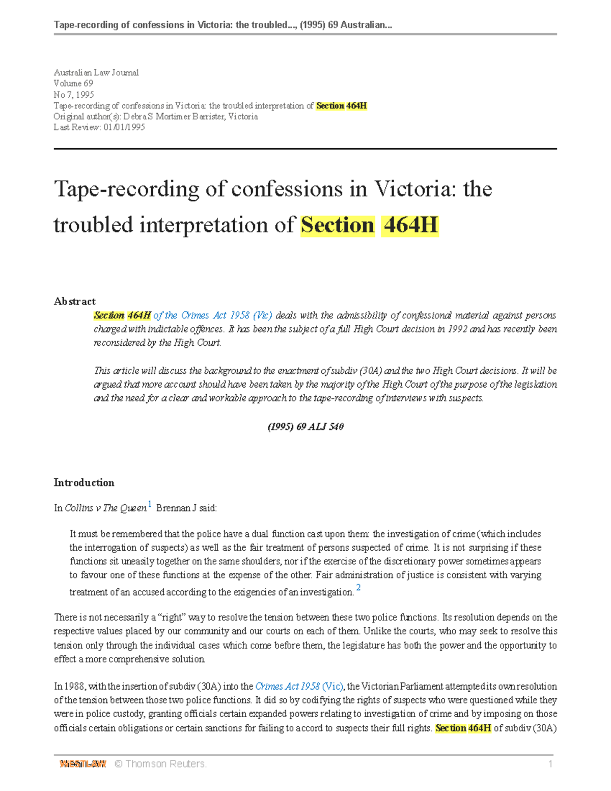 Tape-Recording of Confessions in Victoria: Analyzing Section 464H - Studocu