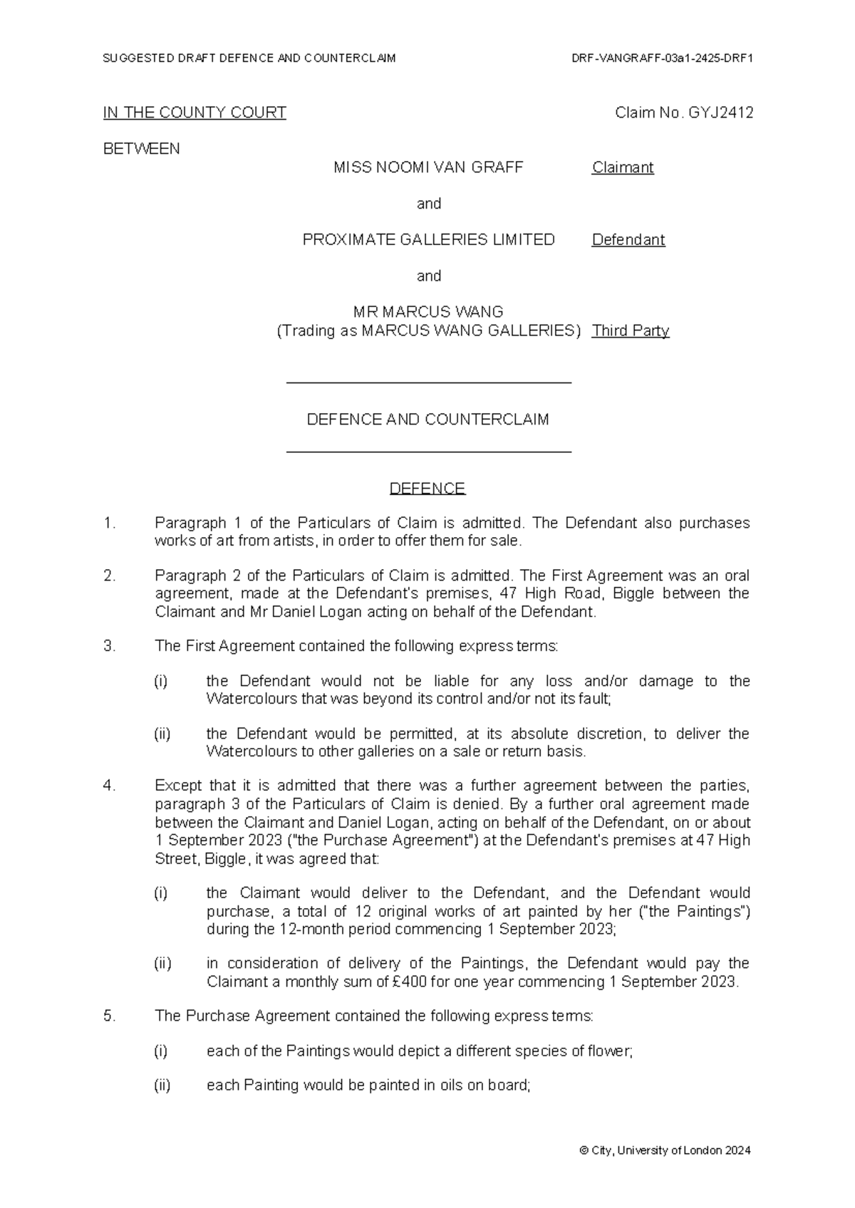 Defence and Counterclaim Draft - Claim No. GYJ2412 - Studocu