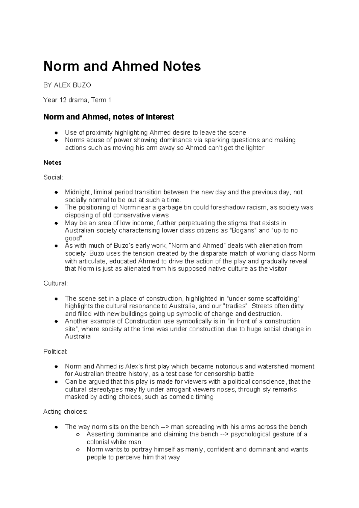 Norm and Ahmed Analysis Notes - ALEX BUZO Year 12 Drama Term 1 - Studocu