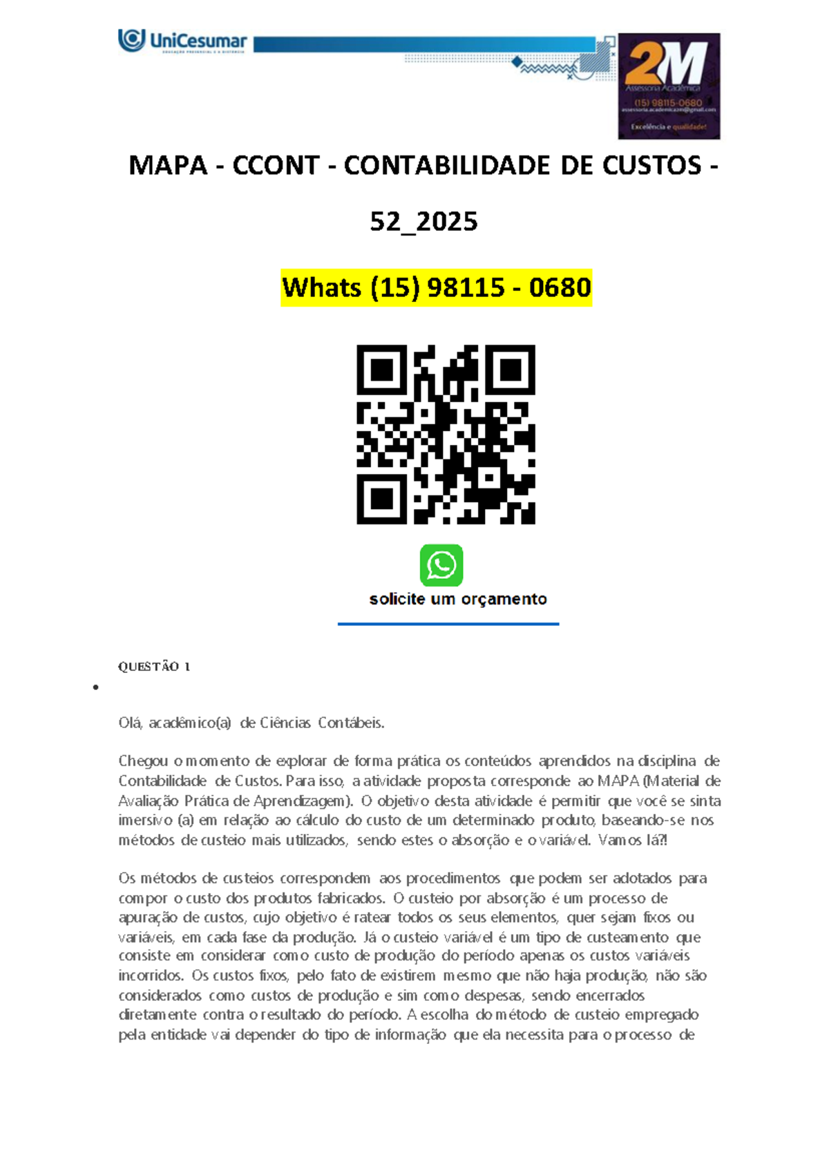 MAPA 52_2025: Cálculo de Custos na Contabilidade de Custos - Studocu