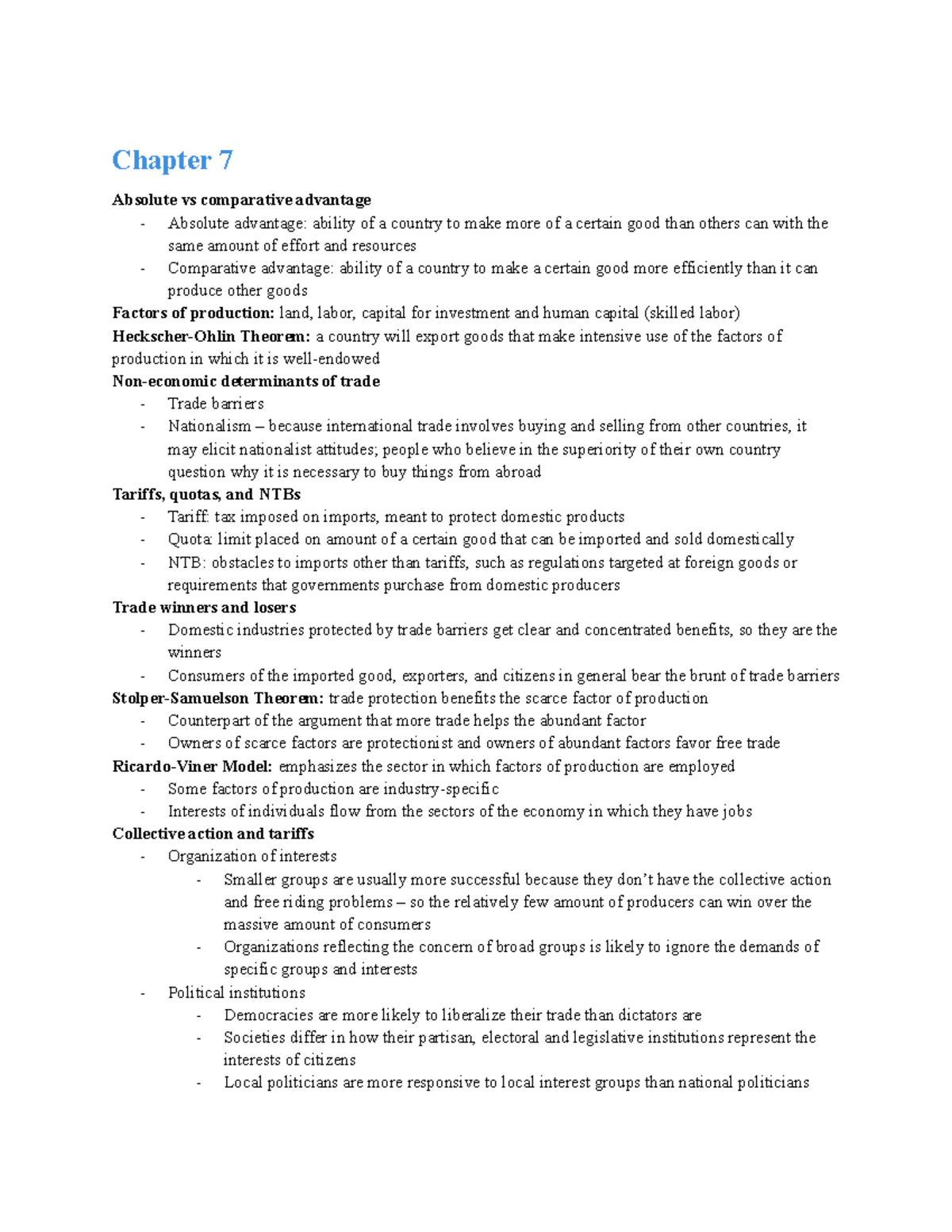 Quiz 3 review sheet - Chapter 7 Absolute vs comparative advantage ...
