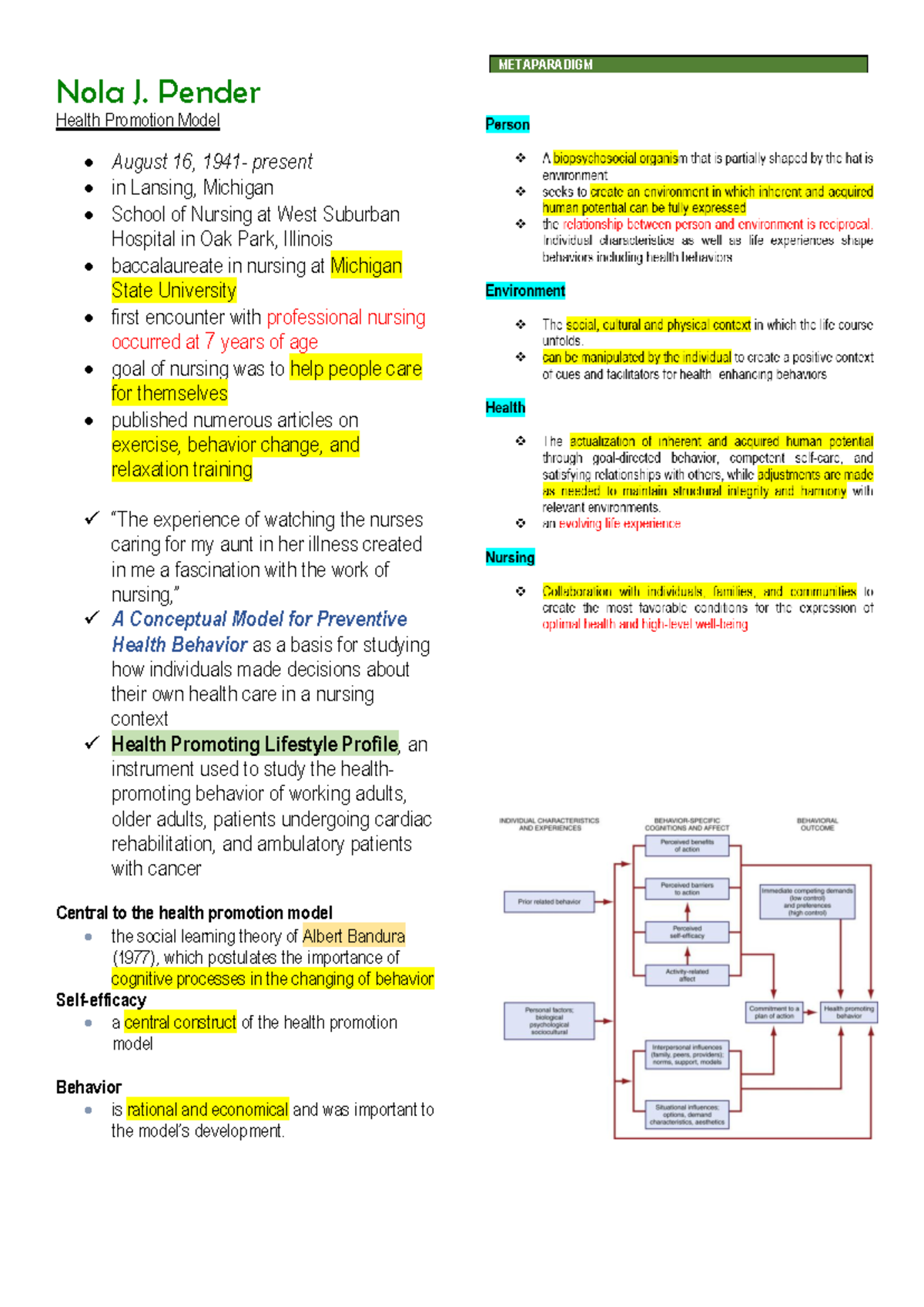 Nola J. Pender: Overview of the Health Promotion Model - Studocu
