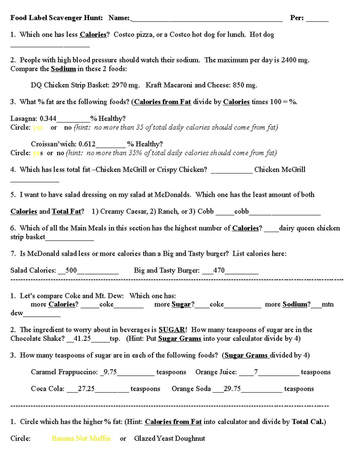 Food Label Scav Hunt Worksheet - Food Label Scavenger Hunt: Name: - Studocu