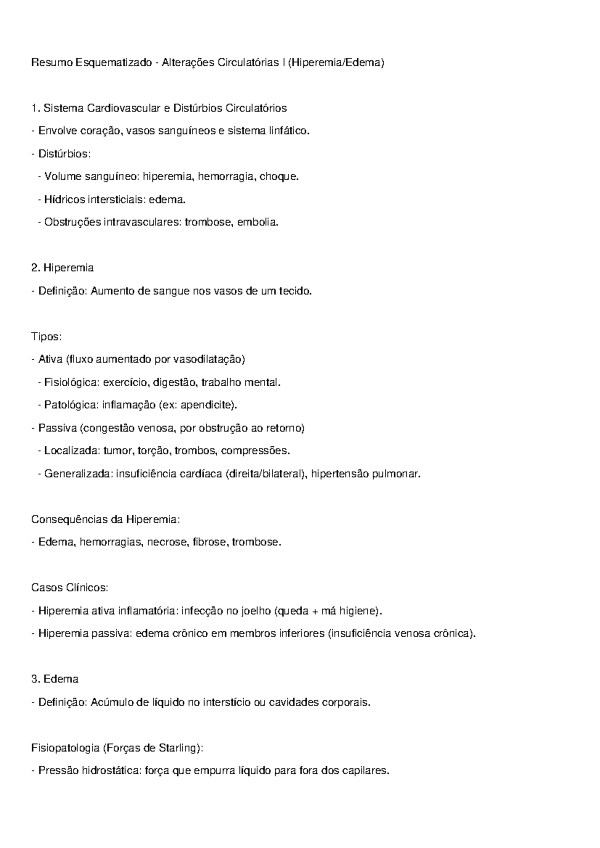 Resumo Esquematizado: Alterações Circulatórias I - Hiperemia e Edema ...