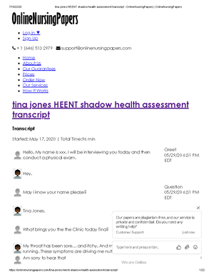 Heent- Shadow health Tina Jones - HEENT Patient: Tina Jones Document ...