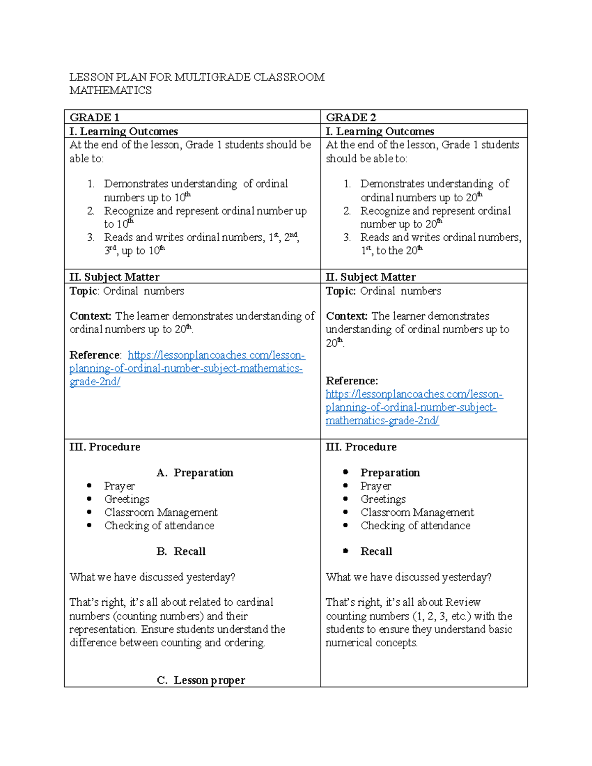 Multigrade Lesson Plan: Teaching Ordinal Numbers for Grades 1 & 2 - Studocu