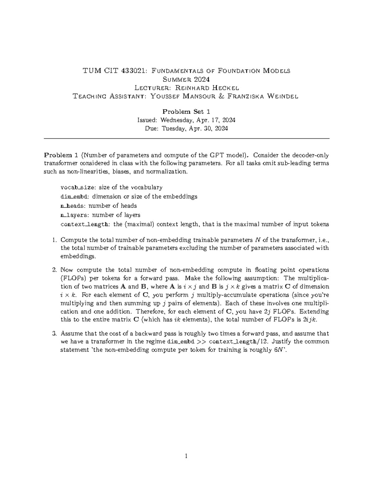 CIT 433021: HW1 Problem Set on Foundation Models - Summer 2024 - Studocu