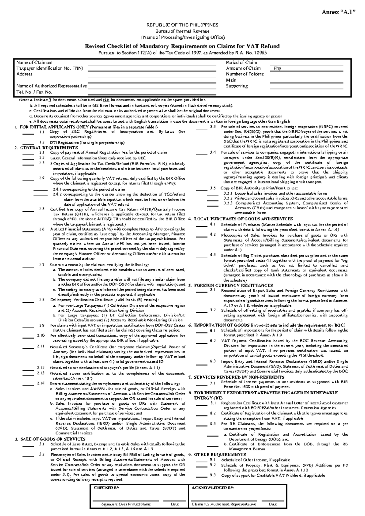 Revised Checklist of Mandatory Requirements for VAT Refund Claims ...