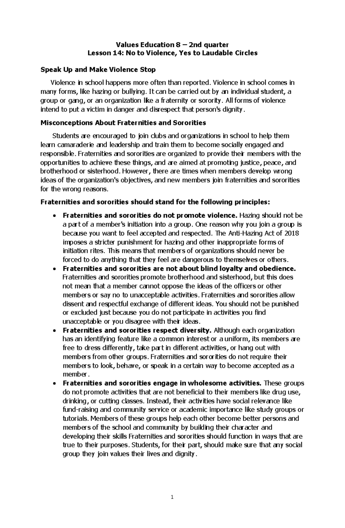 Values Ed 8: Combating Violence and Promoting Peace in Schools - Studocu