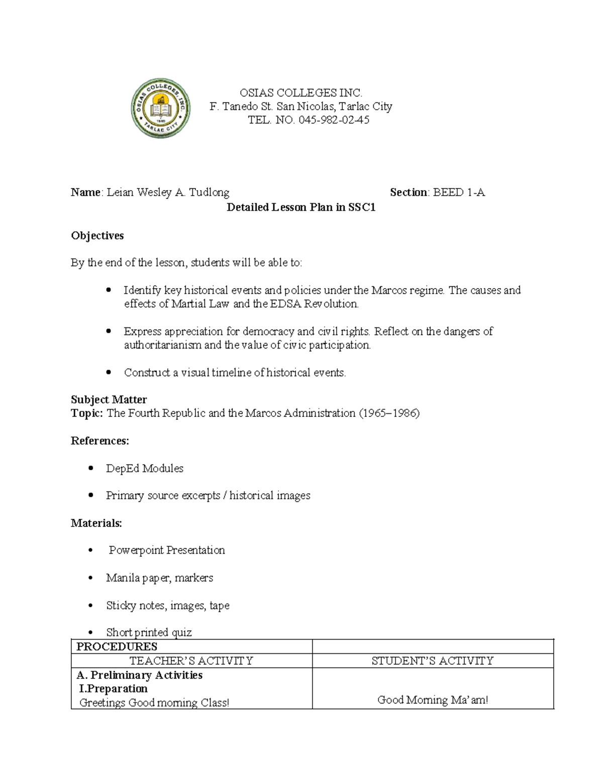 SSC1 Detailed Lesson Plan: The Marcos Era & EDSA Revolution - Studocu