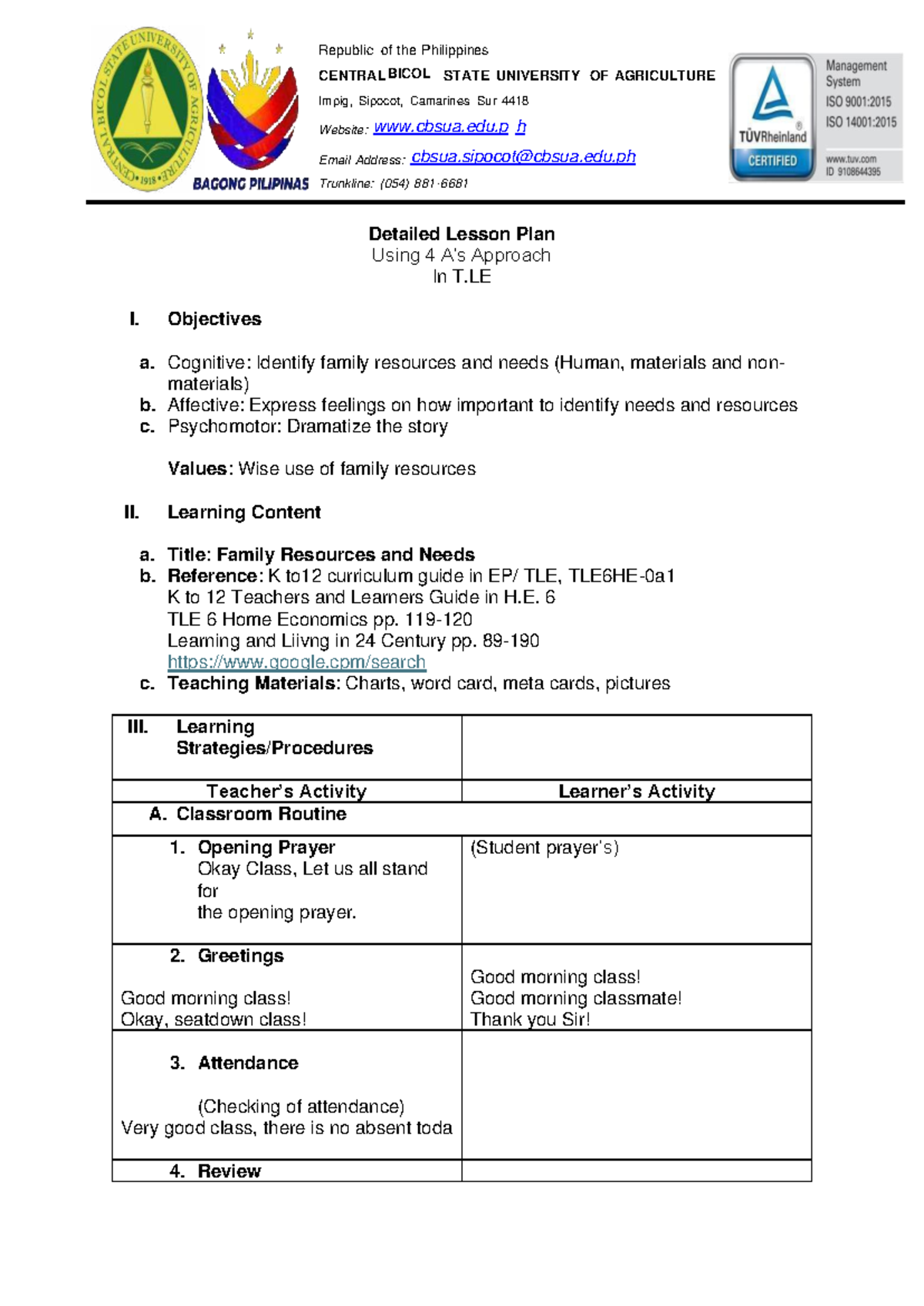 Detailed Lesson Plan - CENTRAL BICOL STATE UNIVERSITY OF AGRICULTURE ...