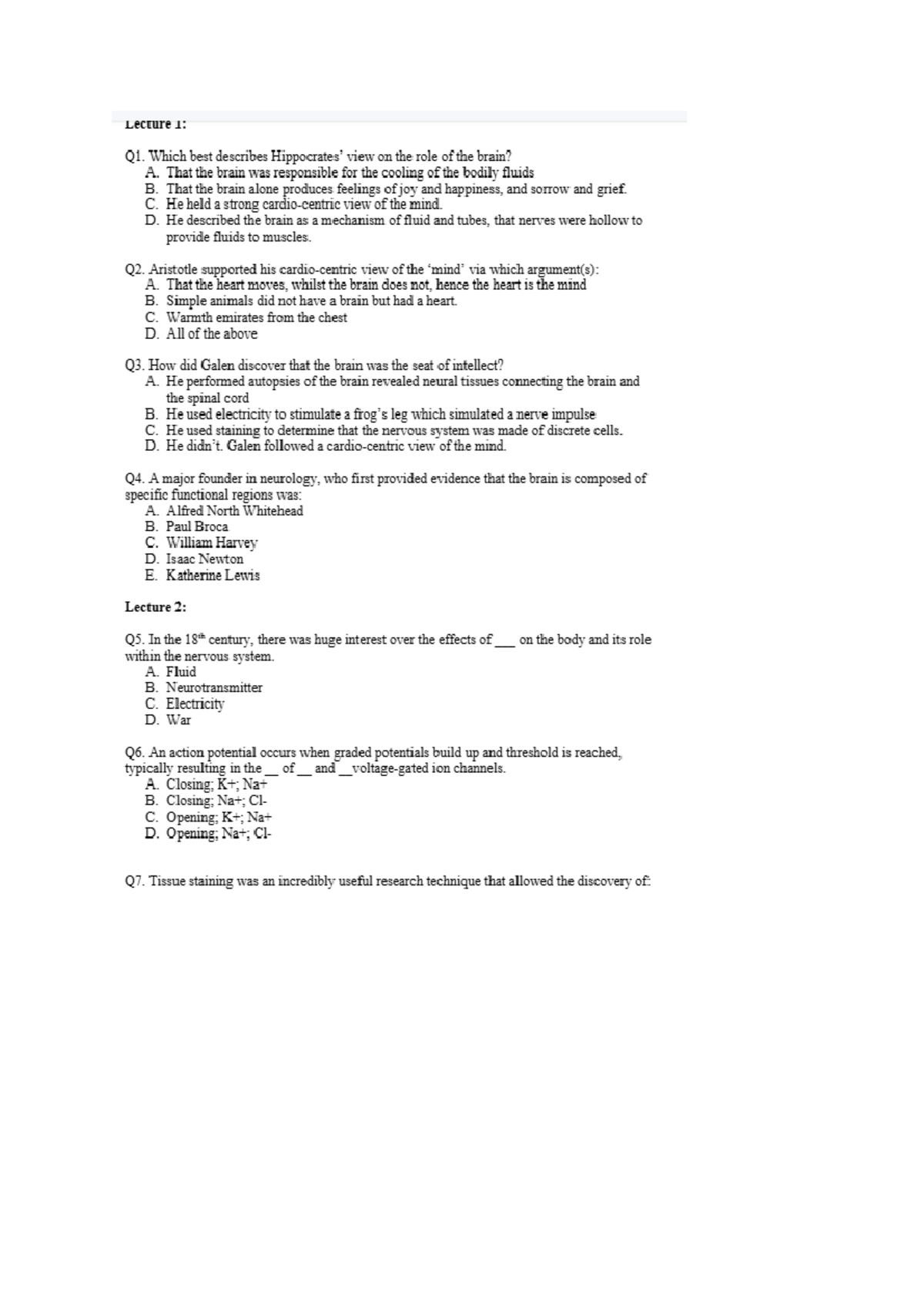 PRAC EXAM 2 - Practice Exam Questions for NEUR30003 - Studocu