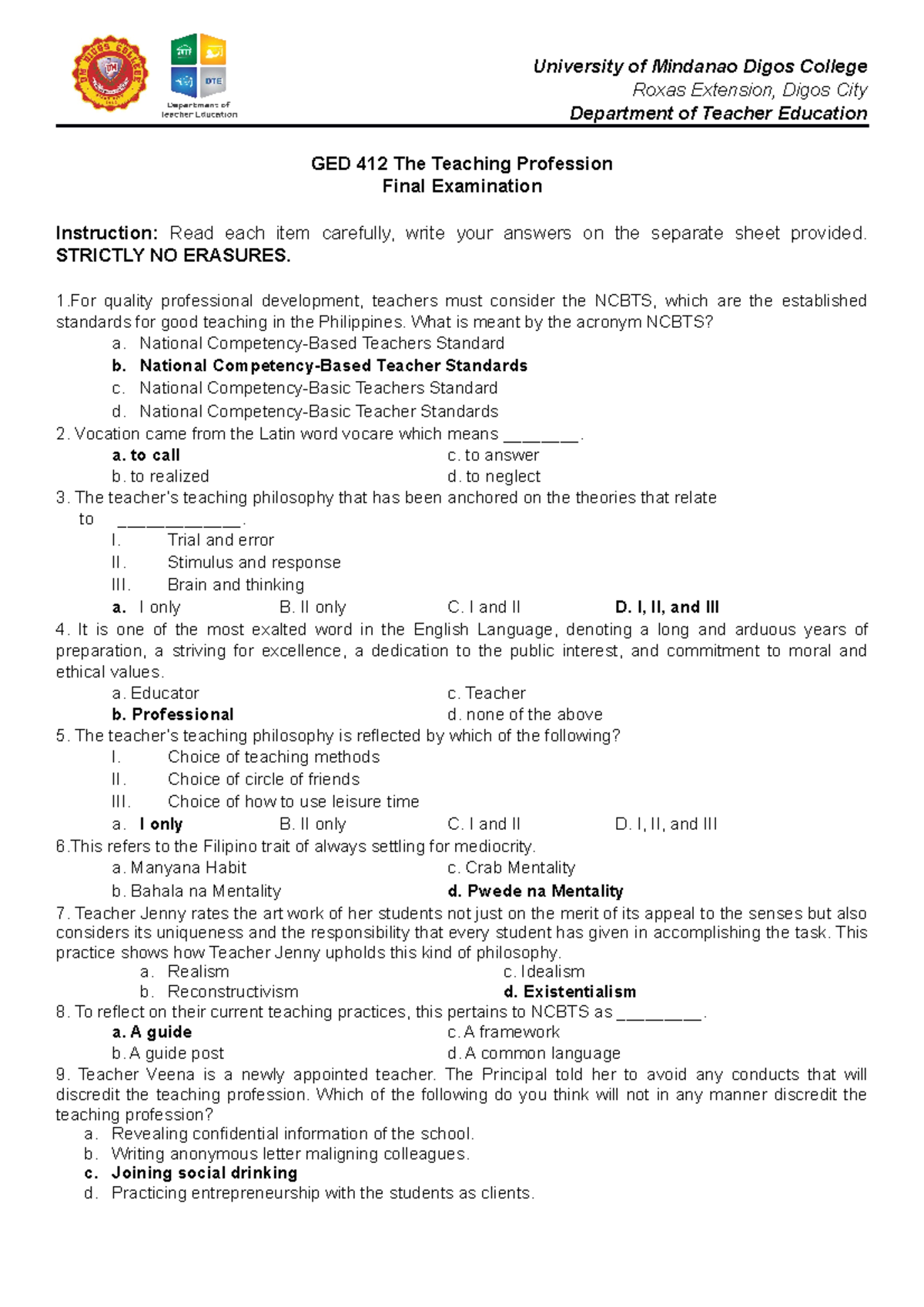 GED 412 Final Exam Reviewer: The Teaching Profession Exam Guide - Studocu