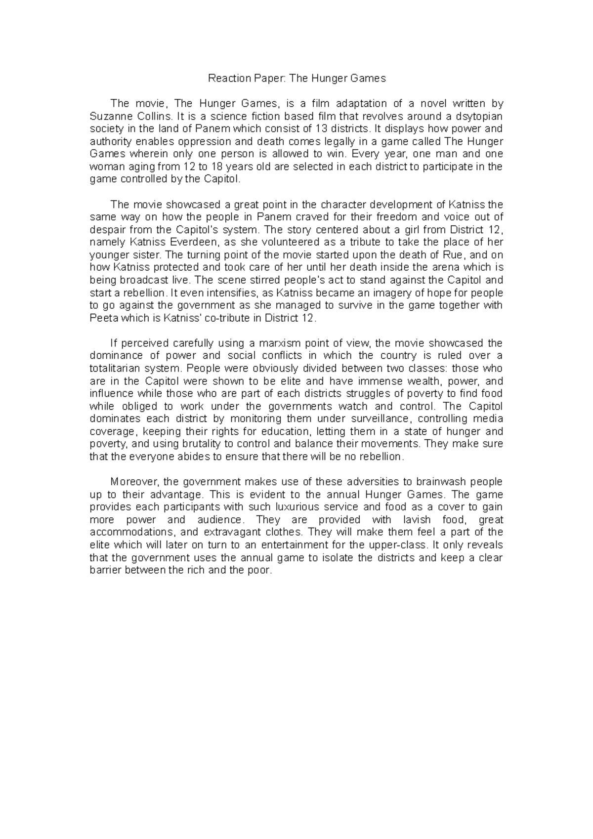 ENG 2022 Essay Reaction Paper on The Hunger Games: A Dystopian Analysis ...