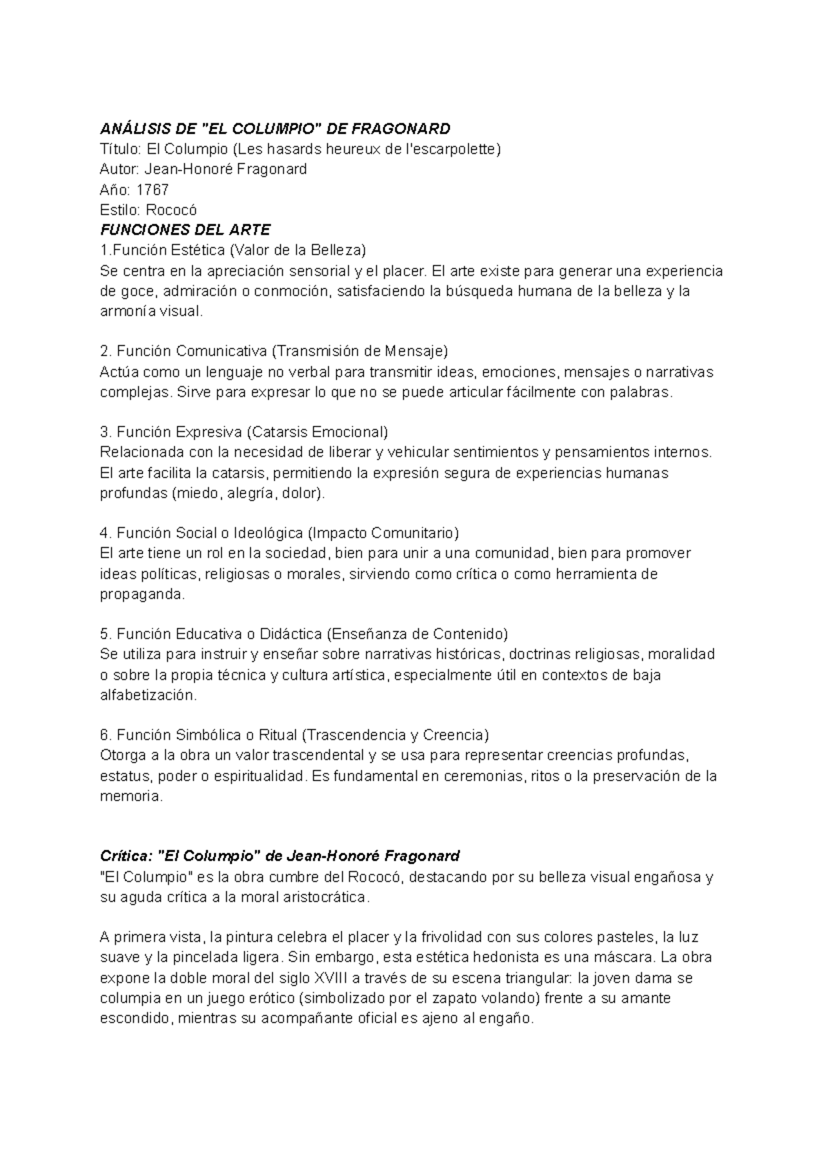 ROC - Análisis de "El Columpio" de Fragonard y sus Funciones del Arte ...