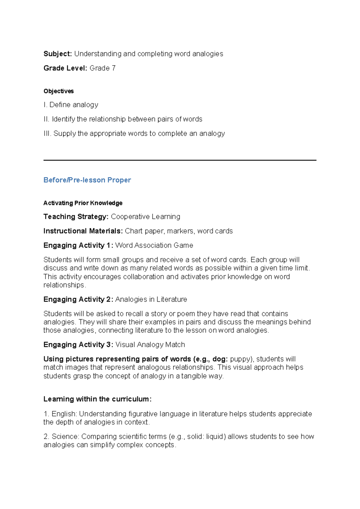 Completing Word Analogies: A Grade 7 Lesson Plan - Studocu
