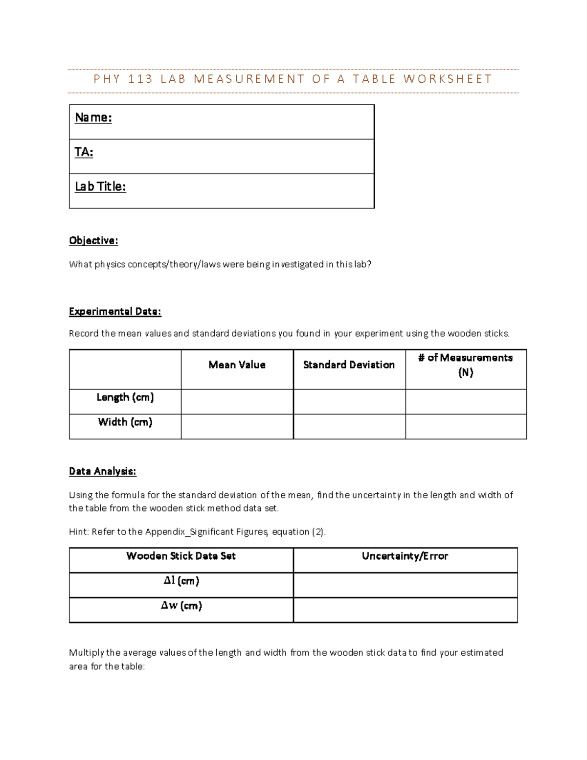 PHY 113 Lab: Measuring Dimensions and Area of a Table - Studocu