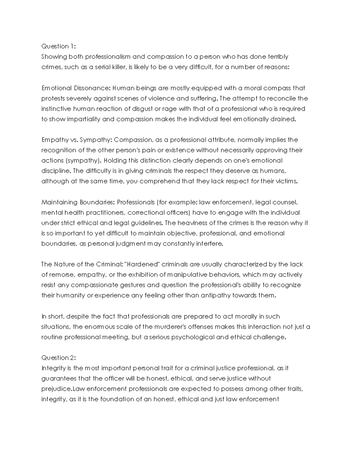 Critical Thinking Questions (17): Professionalism in Criminal Justice ...