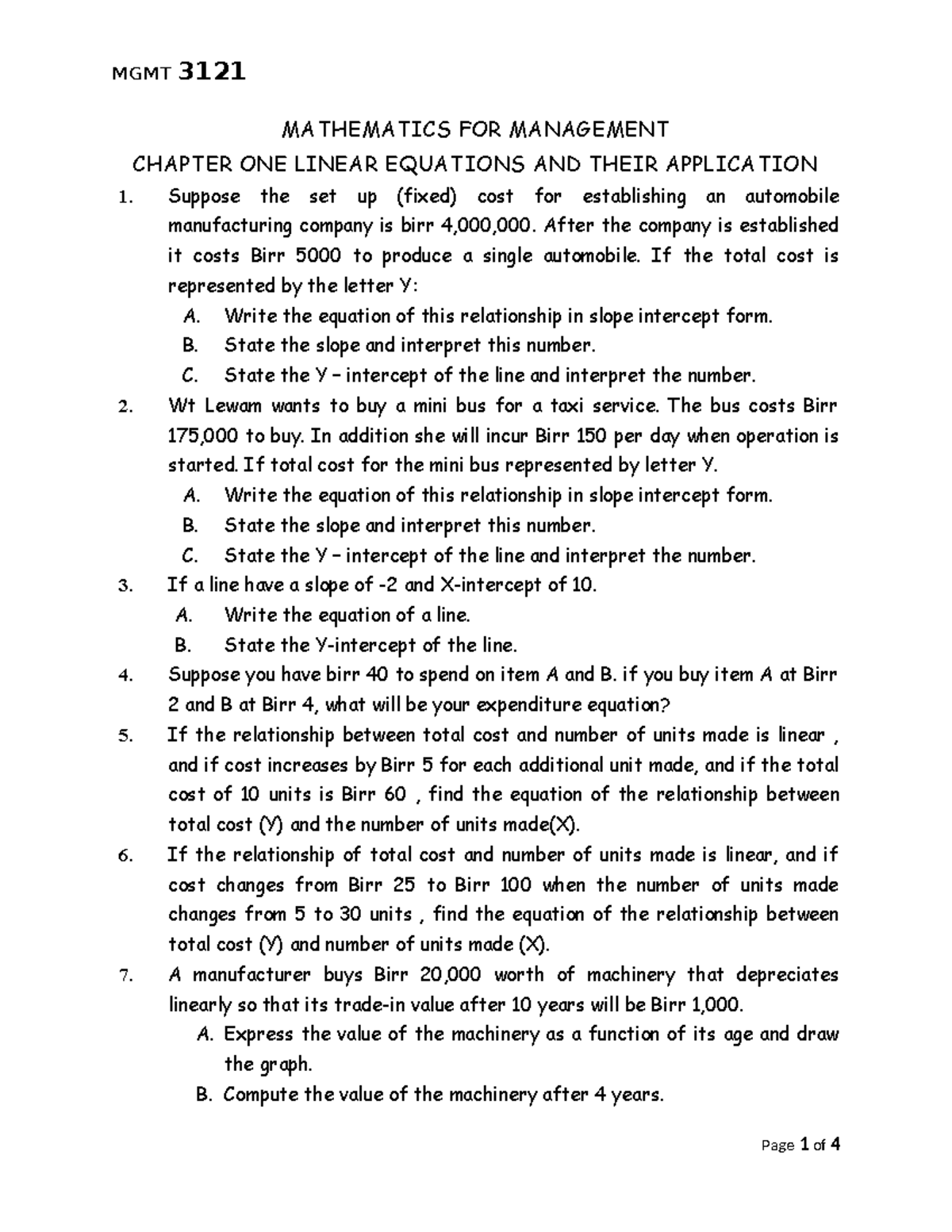 MGMT 3121 Mathematics for Management: Chapter 1 Linear Equations ...