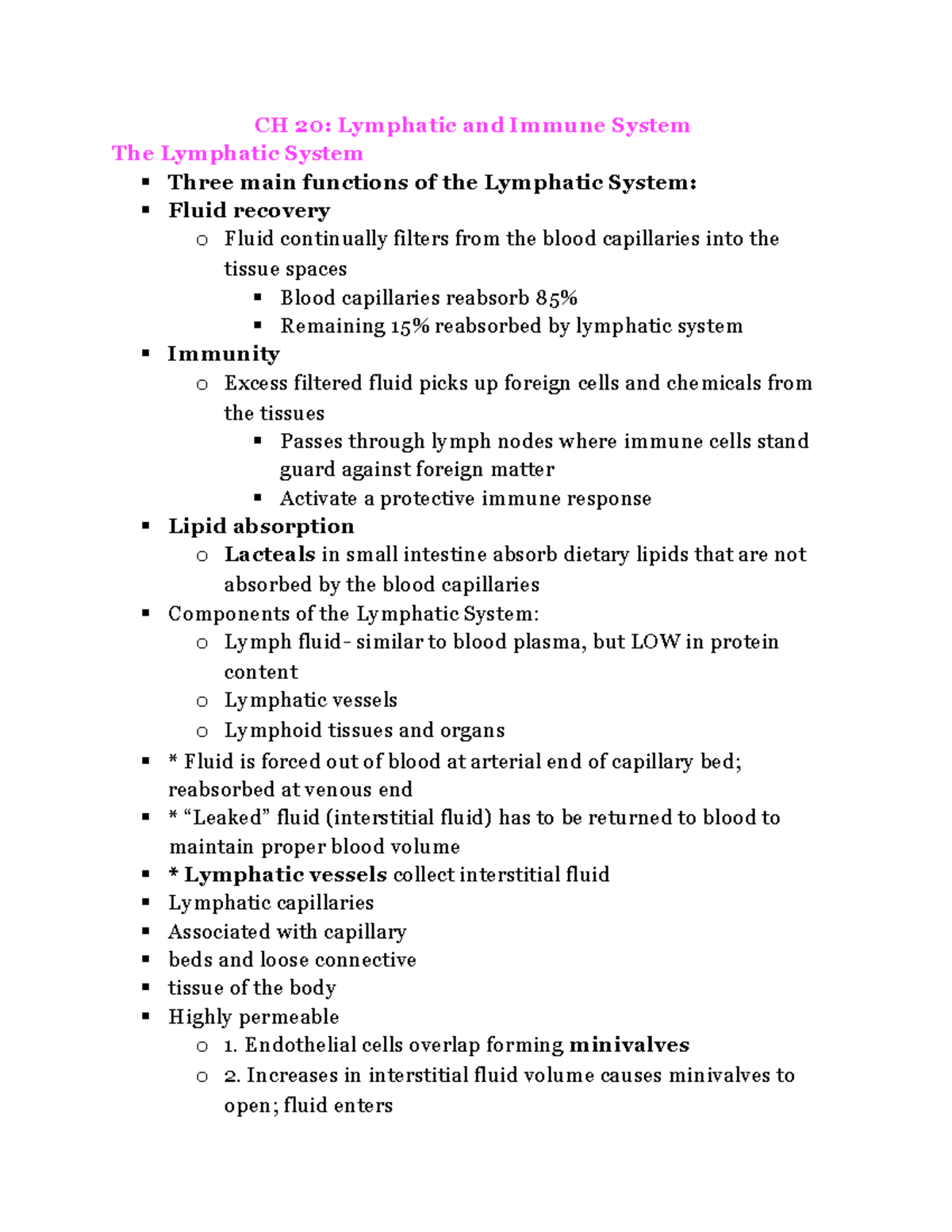 CH 20- Part 1 - Notes from lecture - CH 20: Lymphatic and Immune System ...