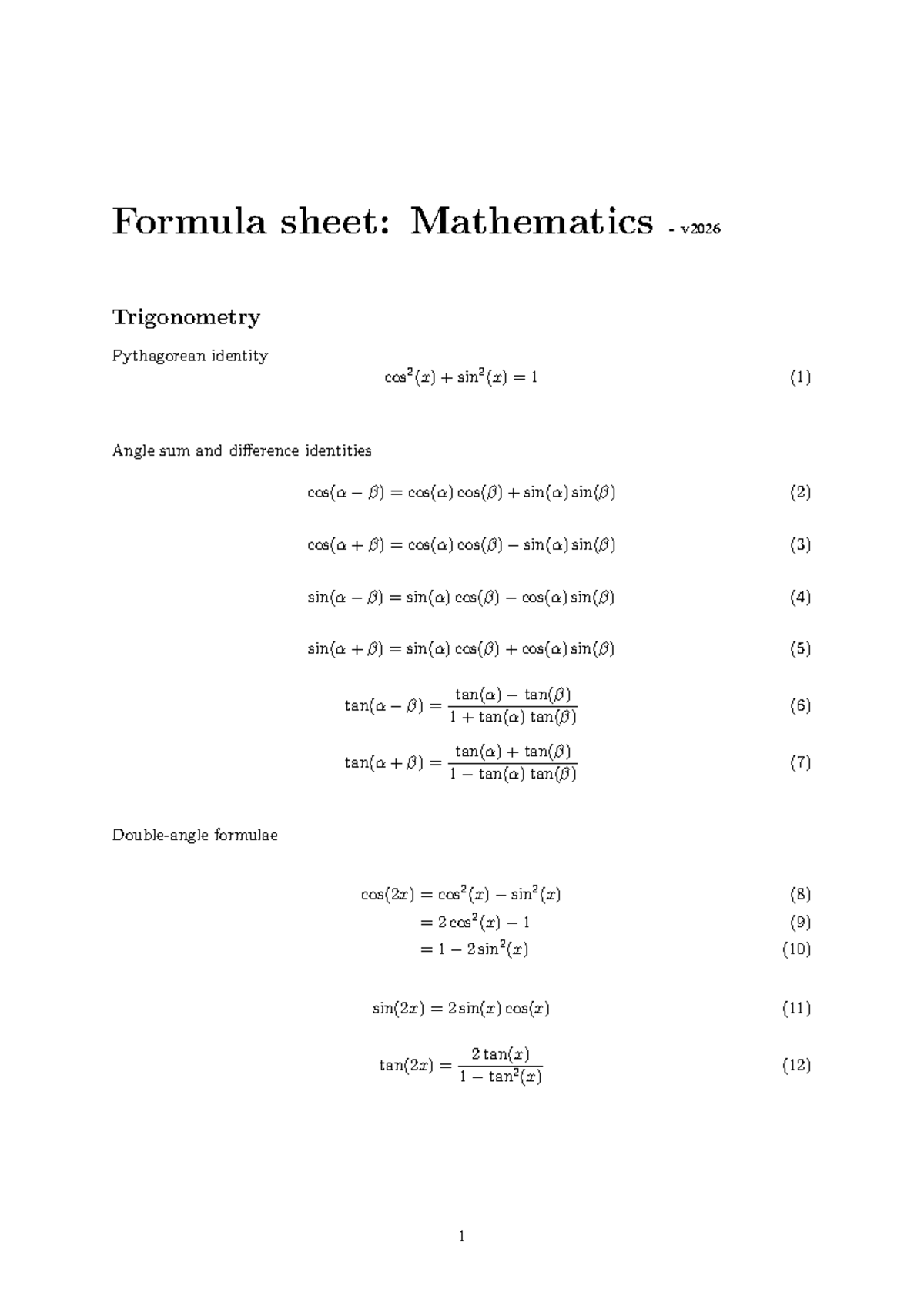 Mathematics Formula Sheet: Trigonometry - v2026 - Studeersnel