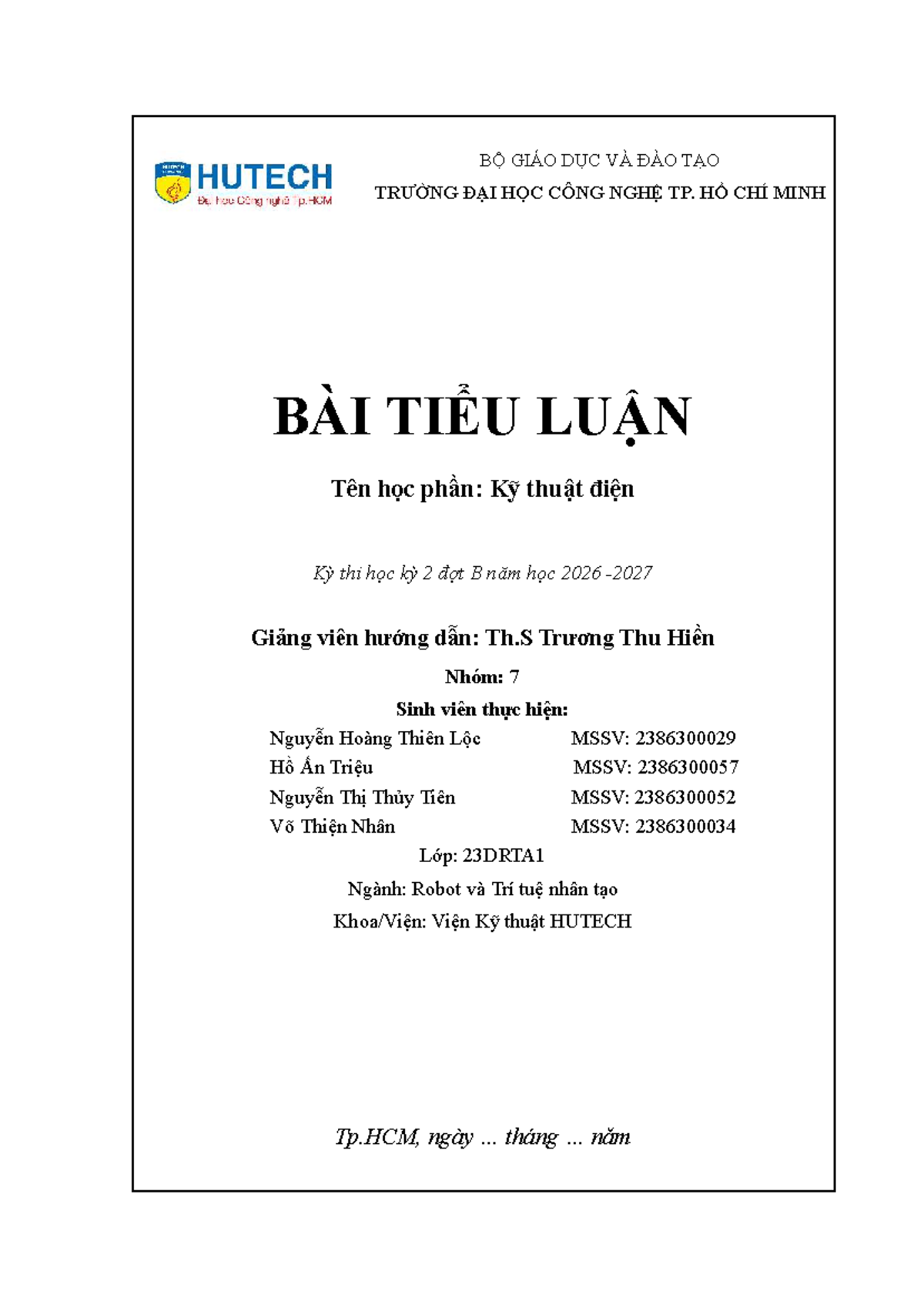Tiểu luận Kỹ Thuật Điện - Kỳ 2 Đợt B - Nhóm 7 - HUTECH - Studocu