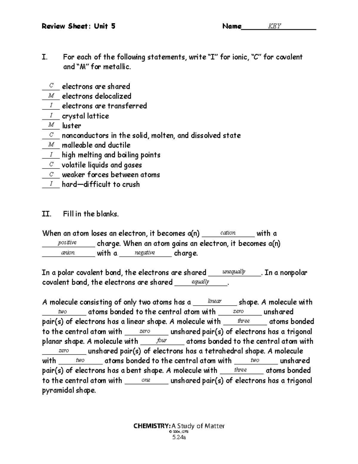 Biology states of matter - Review Sheet: Unit 5 Name ...