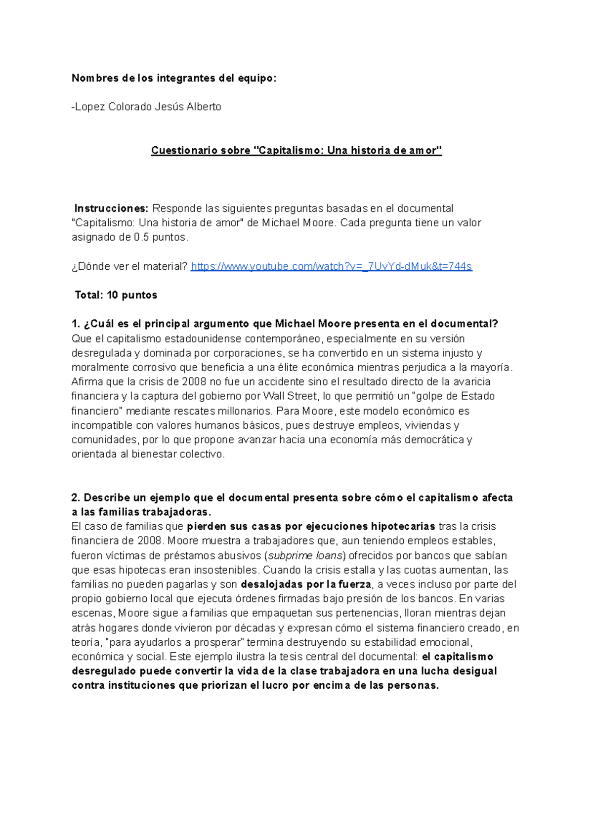 Cuestionario sobre "Capitalismo: Una historia de amor" de Michael Moore ...