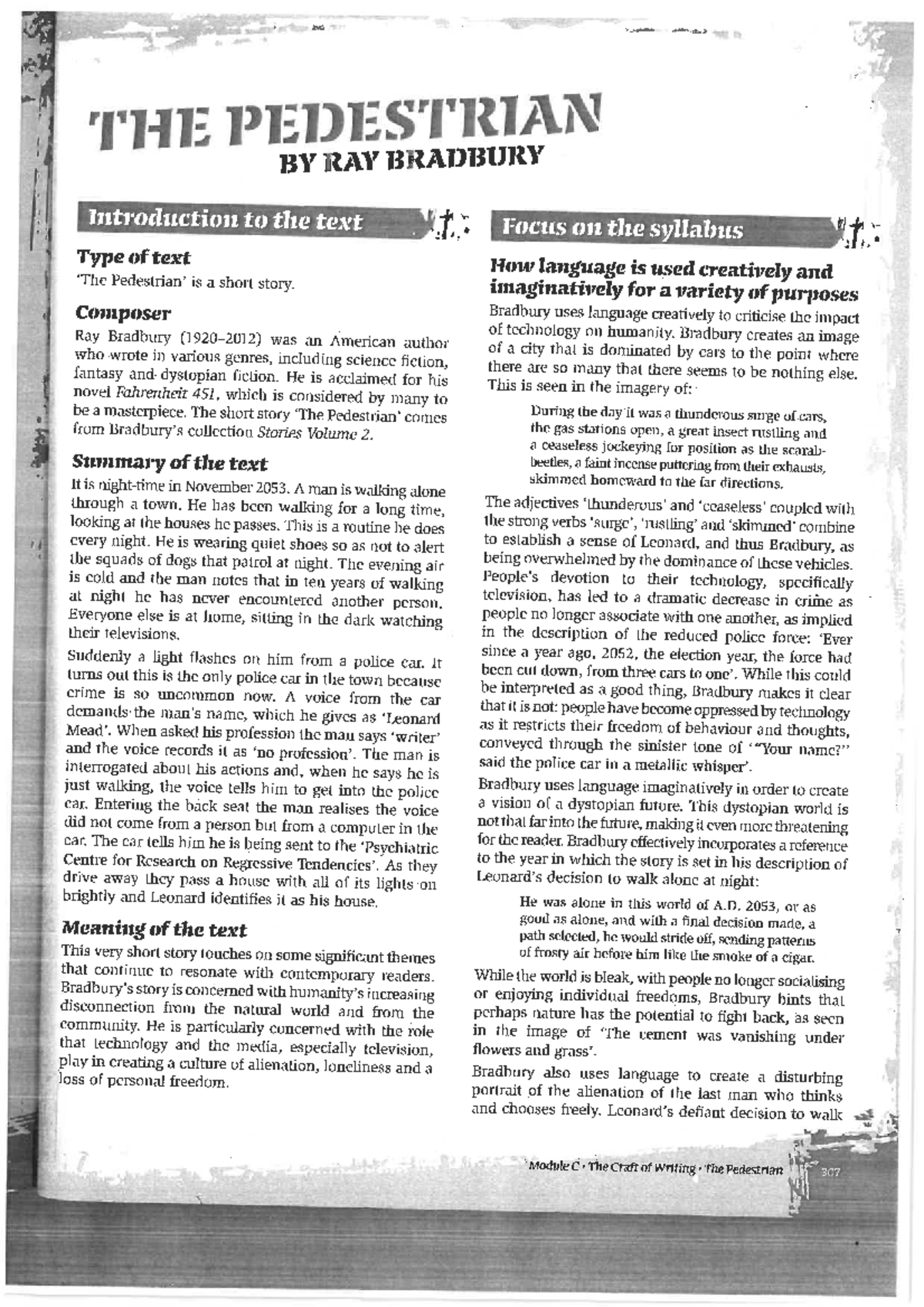 ENG 307 - The Pedestrian: Study Notes on Bradbury's Dystopian Vision ...