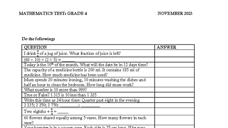 2023 Nov Grade 4 Math Mock Test: Practice Questions - Studocu