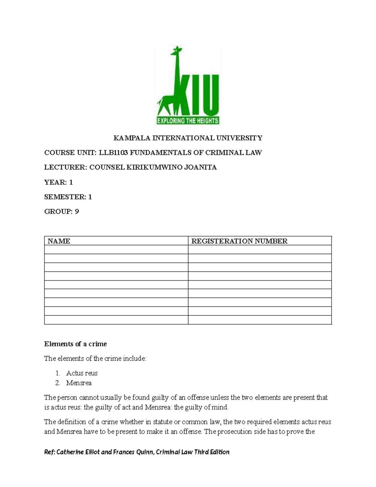 LLB1103 Fundamentals of Criminal Law: Elements of a Crime Analysis ...