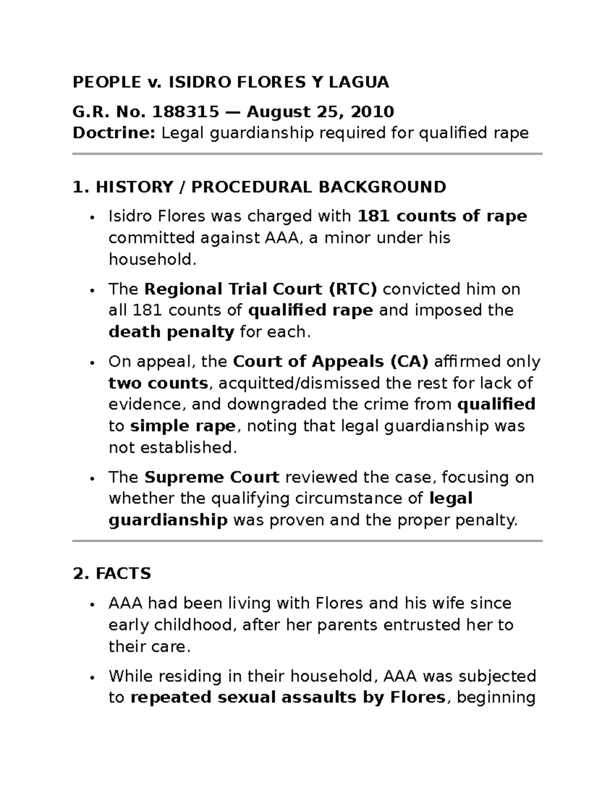 PEOPLE v. ISIDRO FLORES Y LAGUA G.R. No. 188315 Case Analysis - Studocu