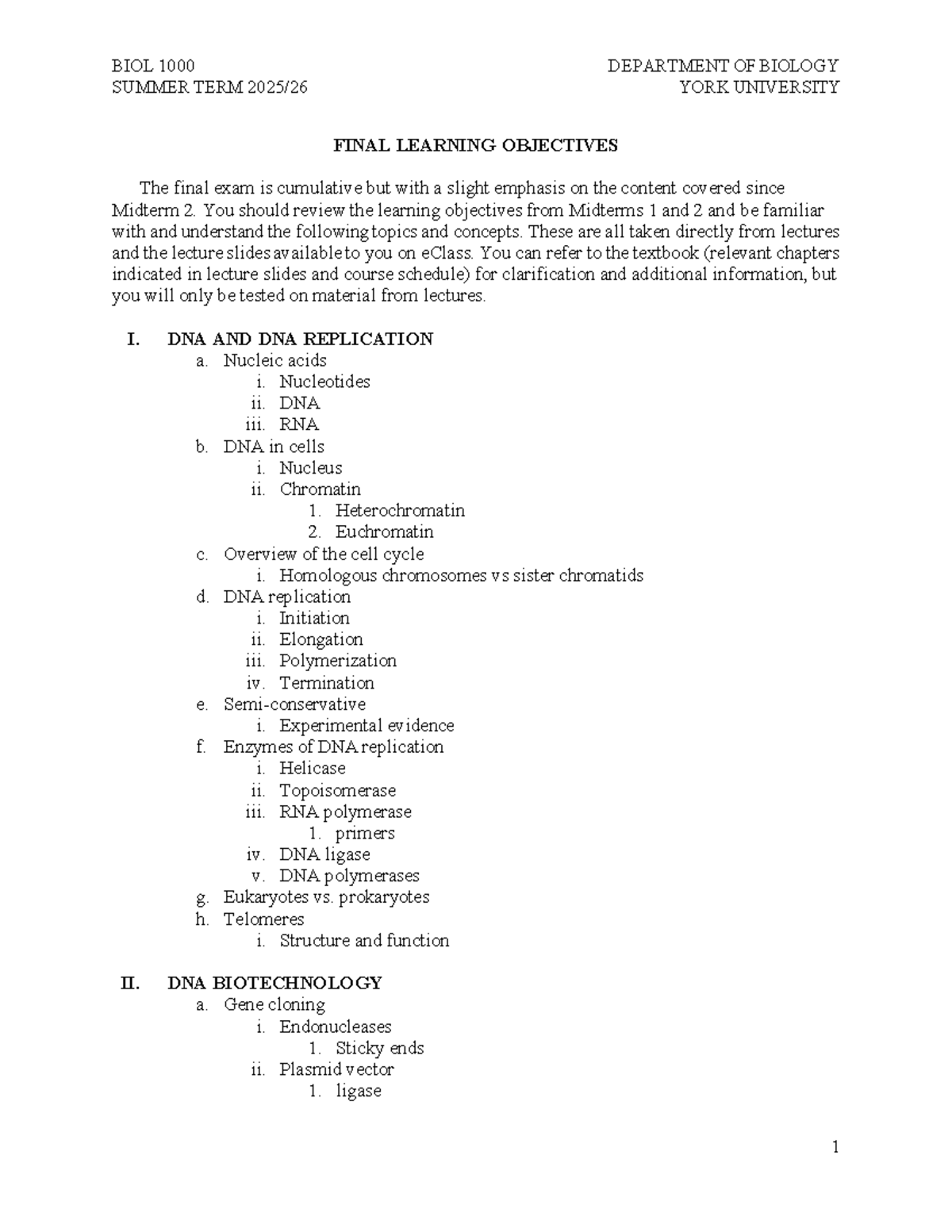 BIOL SUMMER TERM FINAL EXAM LEARNING OBJECTIVES - DEPT. OF BIOLOGY ...