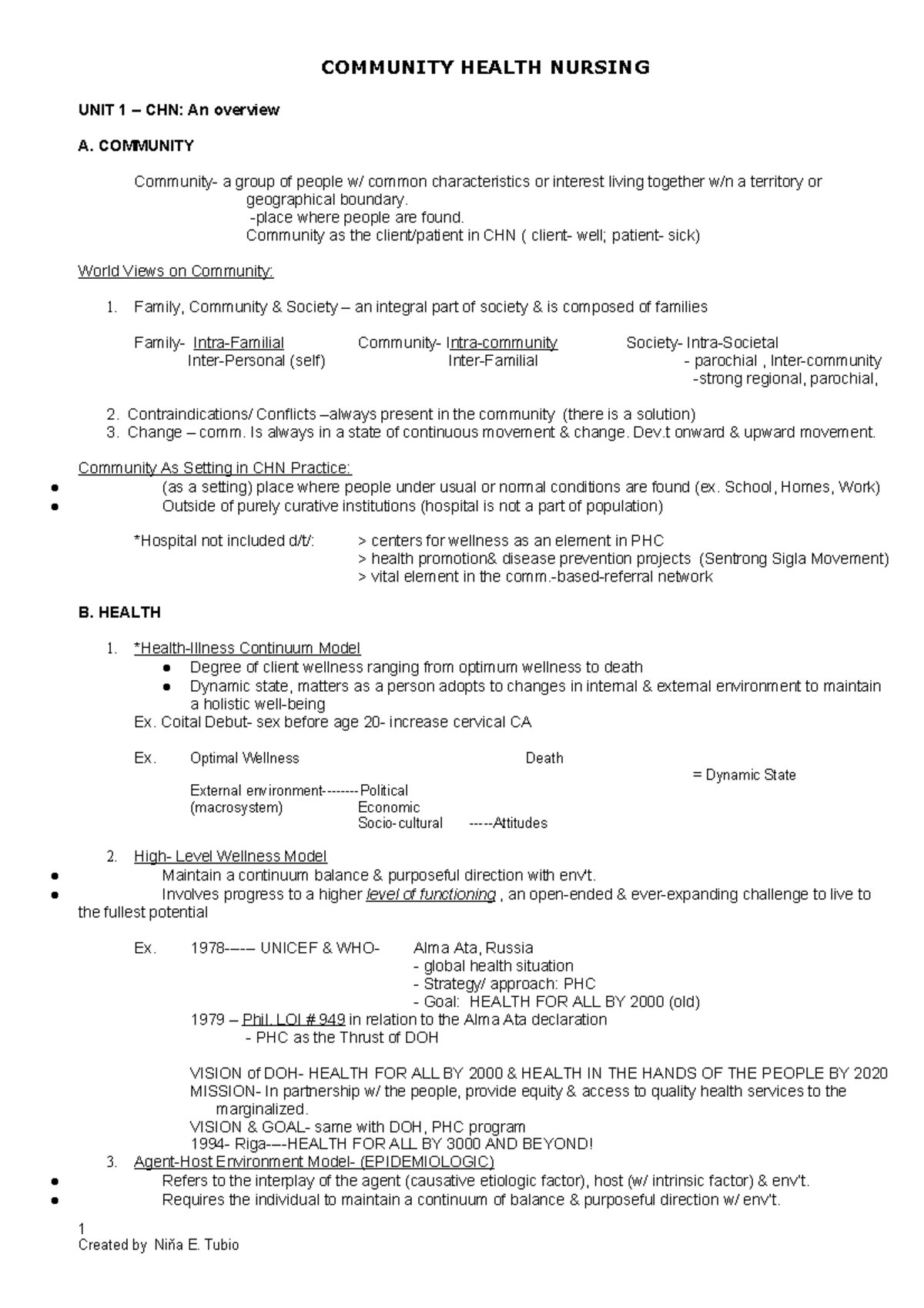 Community Health Nursing Overview (CHN 113, 2021) - Studocu