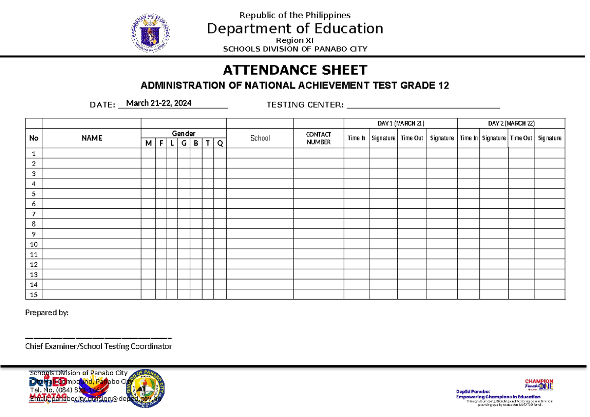 NAT-12-Attendance - Attendance Sheet for NAT Grade 12 - Republic of the ...